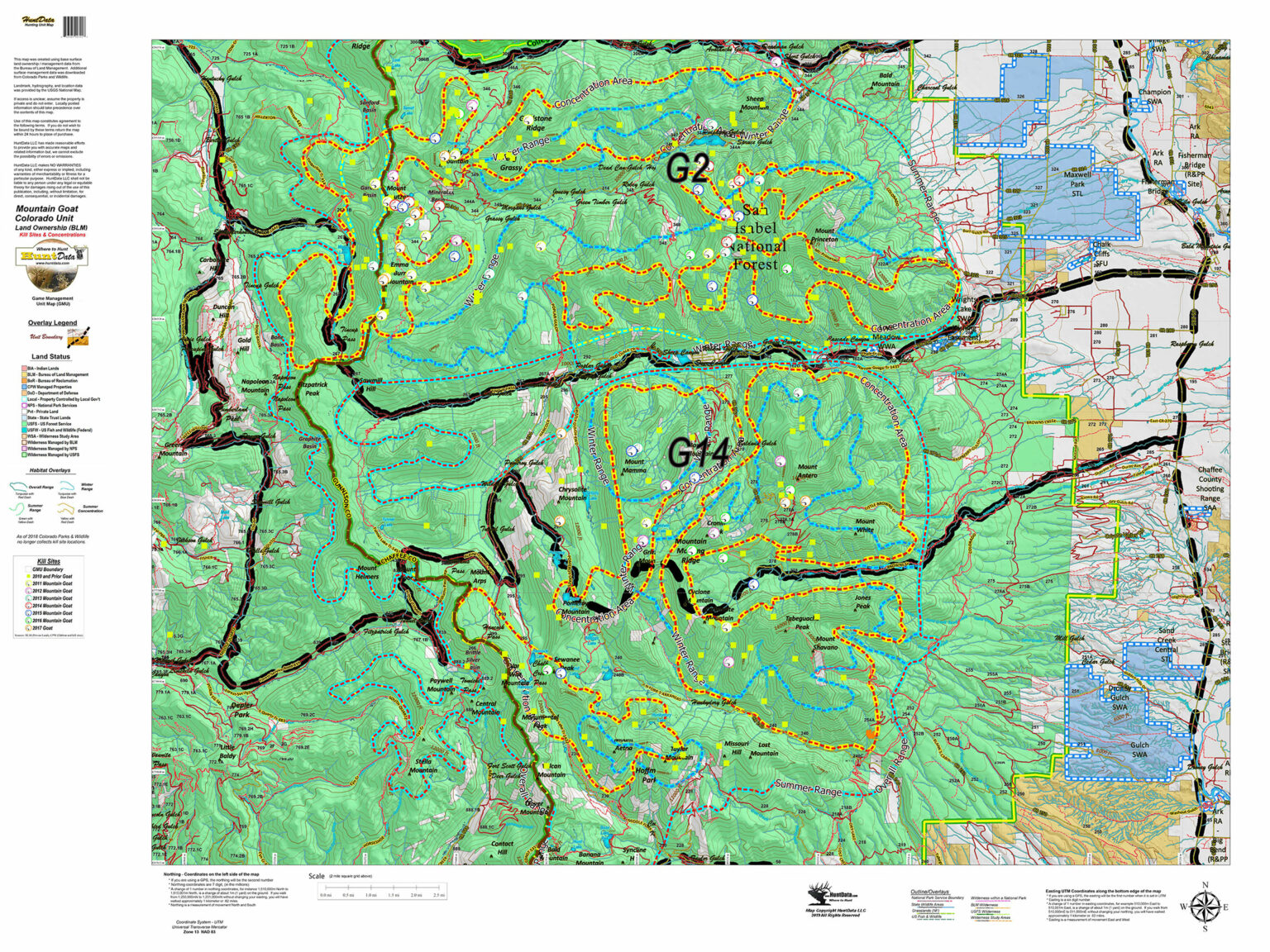 CO Mountain Goat Land Ownership Unit Map with Kill Sites and ...