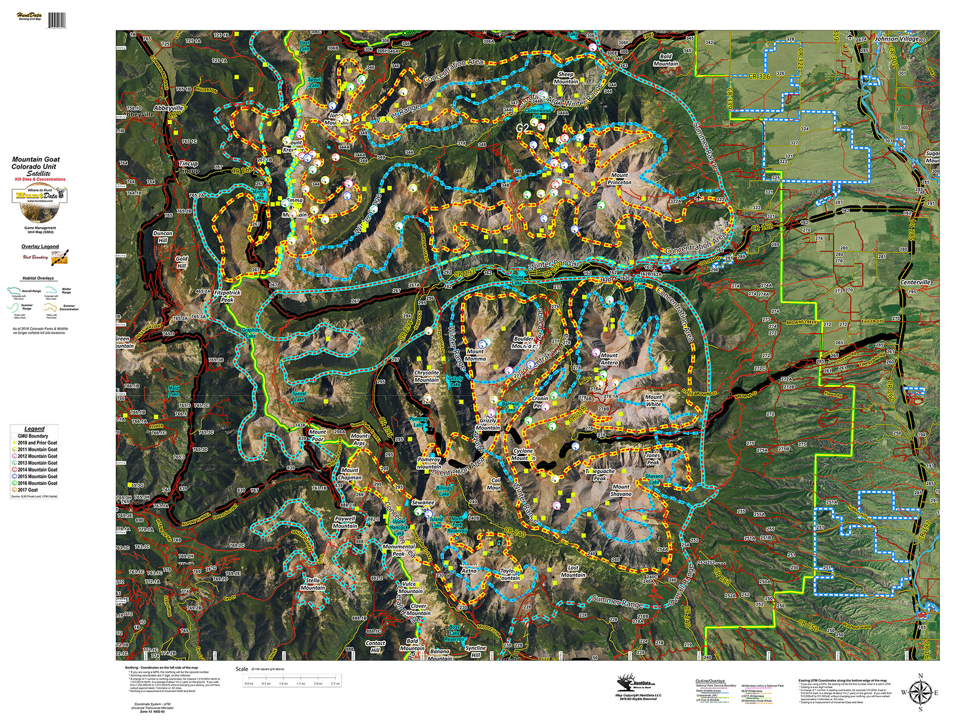 CO Mountain Goat Satellite Map with Kill Sites and Concentrations ...